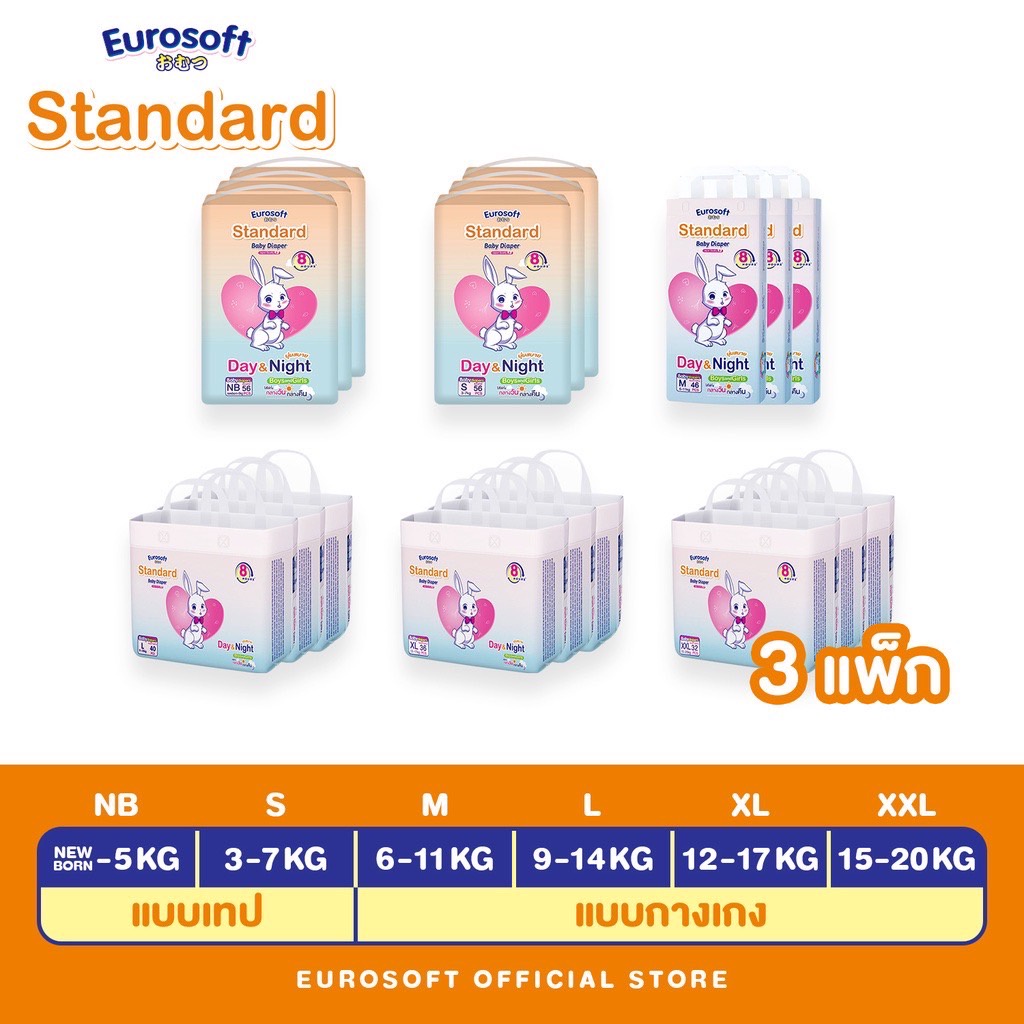 Eurosoft Standard 3 แพ็ค (Size NB/S/M/L/XL/XXL) กางเกงผ้าอ้อม ผ้าอ้อม ...