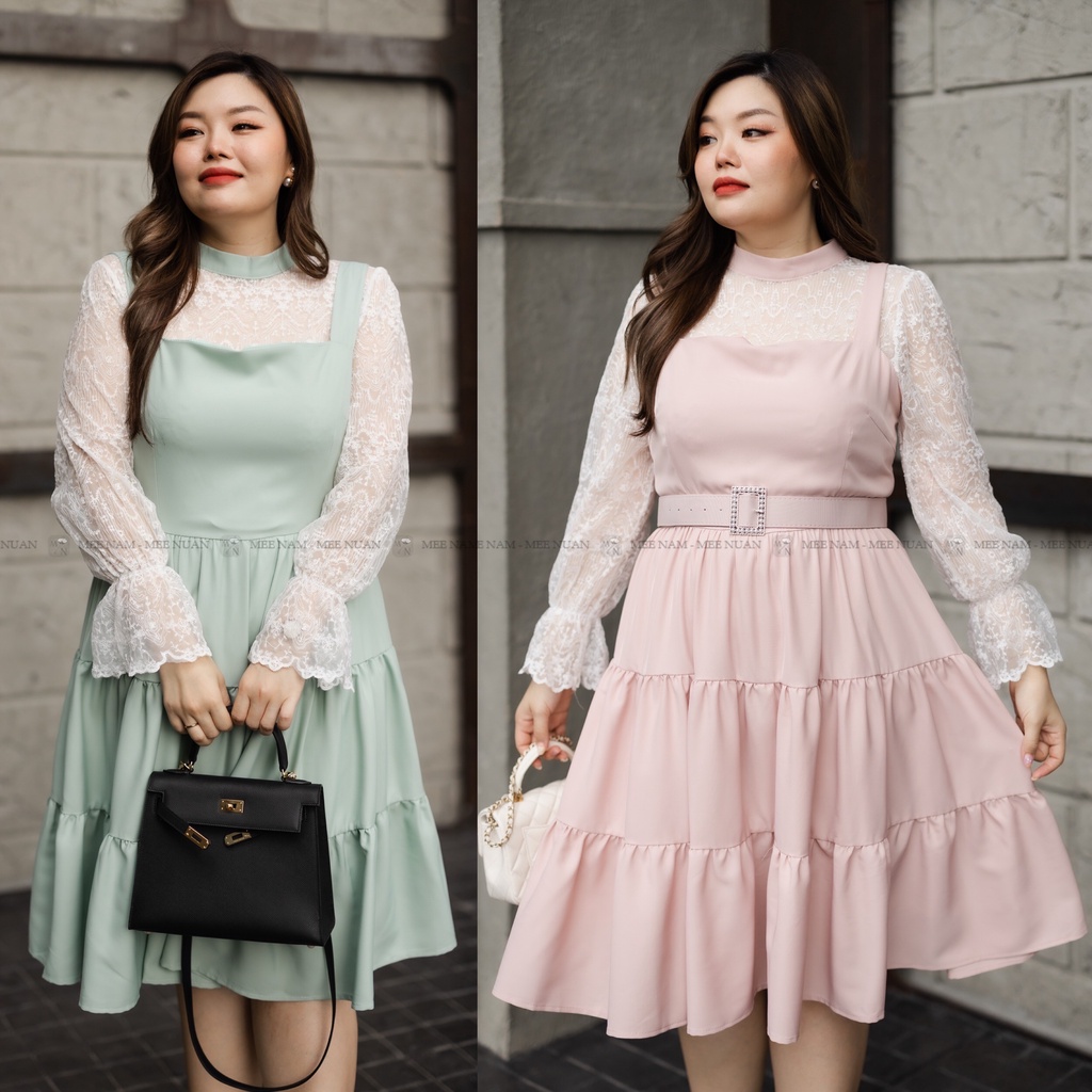 SSD52 เซ็ตเสื้อลูกไม้ขาวเดรส มี 2 สี ชมพู/เขียว เสื้อผ้าพลัสไซส์ Plussize fashion ชุดคนอ้วน ...