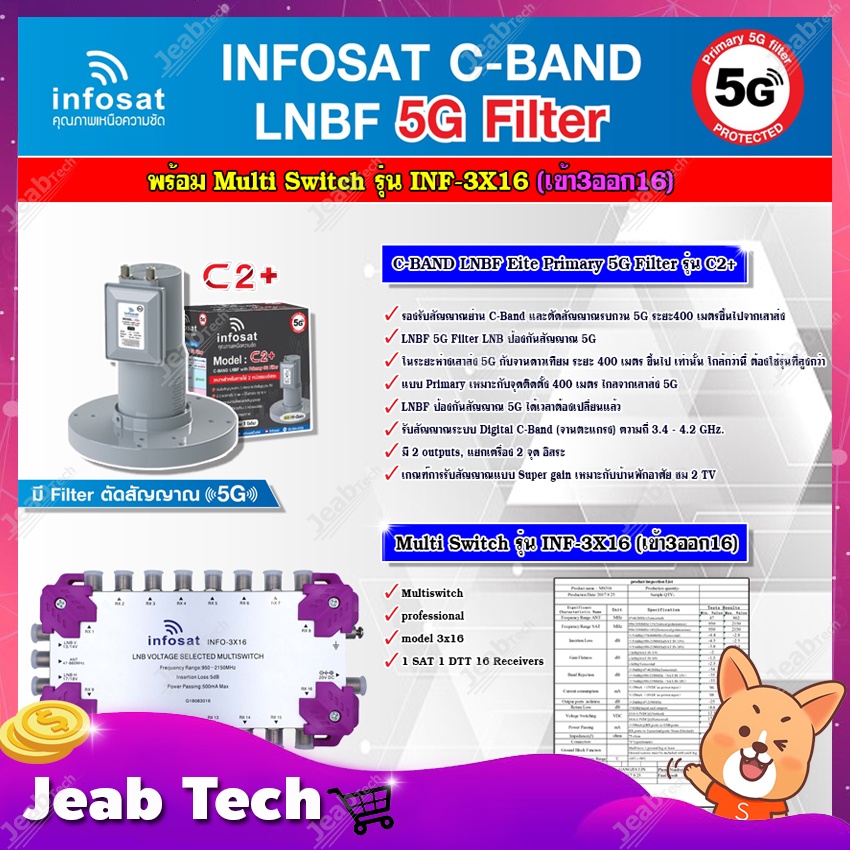 infosat LNB C-Band 5G 2จุดอิสระ รุ่น C2+ (ป้องกันสัญญาณ 5G)+INFOSAT ...