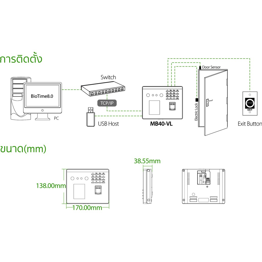 MB40-VL+ID มี WiFi สแกนใบหน้า ลายนิ้วมือ ทาบบัตร ID บันทึกเวลาทำงานและ ...