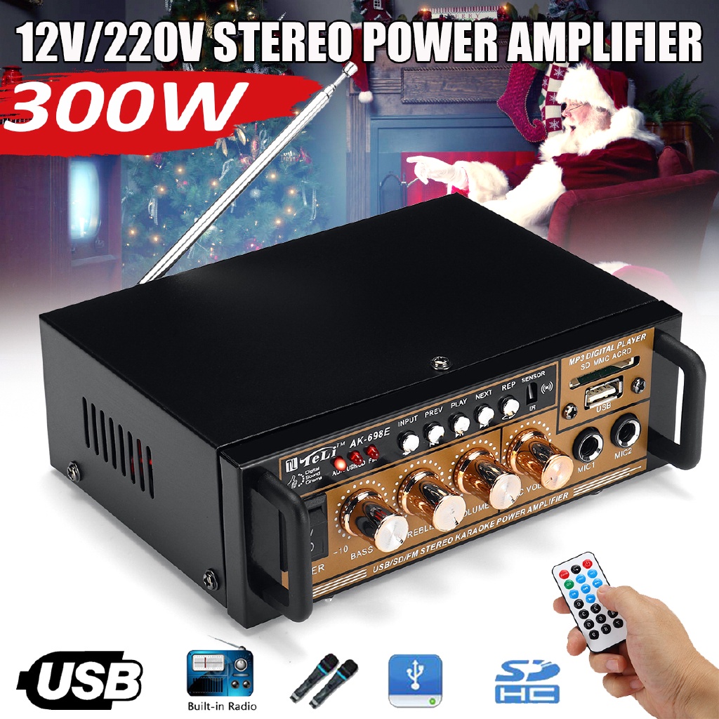 เครื่องขยายเสียงสเตอริโอ 300W 12V 220V Mini HIFI FM Radio USB TF 2CH สําหรับรถยนต์ โฮมเธียเตอร์ ...