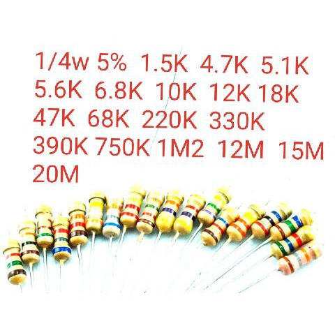 15pcs 5% 1/4W คาร์บอนฟิล์ม resistor 1K 1.5k โอห์ม 4.7k 5.1k 5.6k 6.8k ...