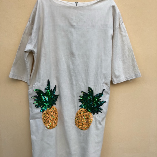 เดรสสาวอวบอ้วน bigsize XL-3xL งานผ้าลินิน ผสมผ้าcotton งานซิบหลังเป๋าข้าง งานปักลายสัปปะรด อก48 ...