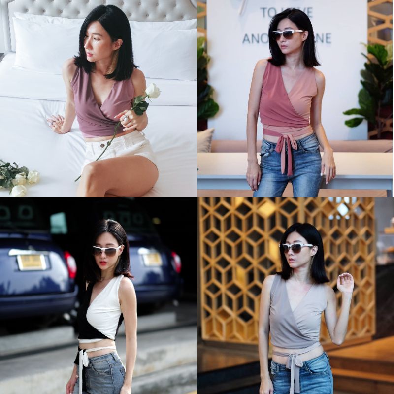 Jolly Molly Two Tone Croptop +เสื้อครอปทูโทนป้ายผูกเอว | Shopee Thailand