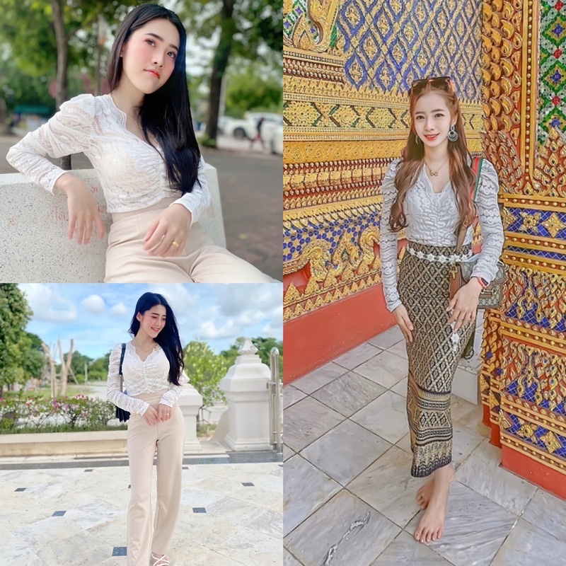 🌈Spinny House🌈 เสื้อลูกไม้ แขนยาว เสื้อครอปแขนยาวถักไหมพรม ละมุน B-017-4-A | Shopee Thailand