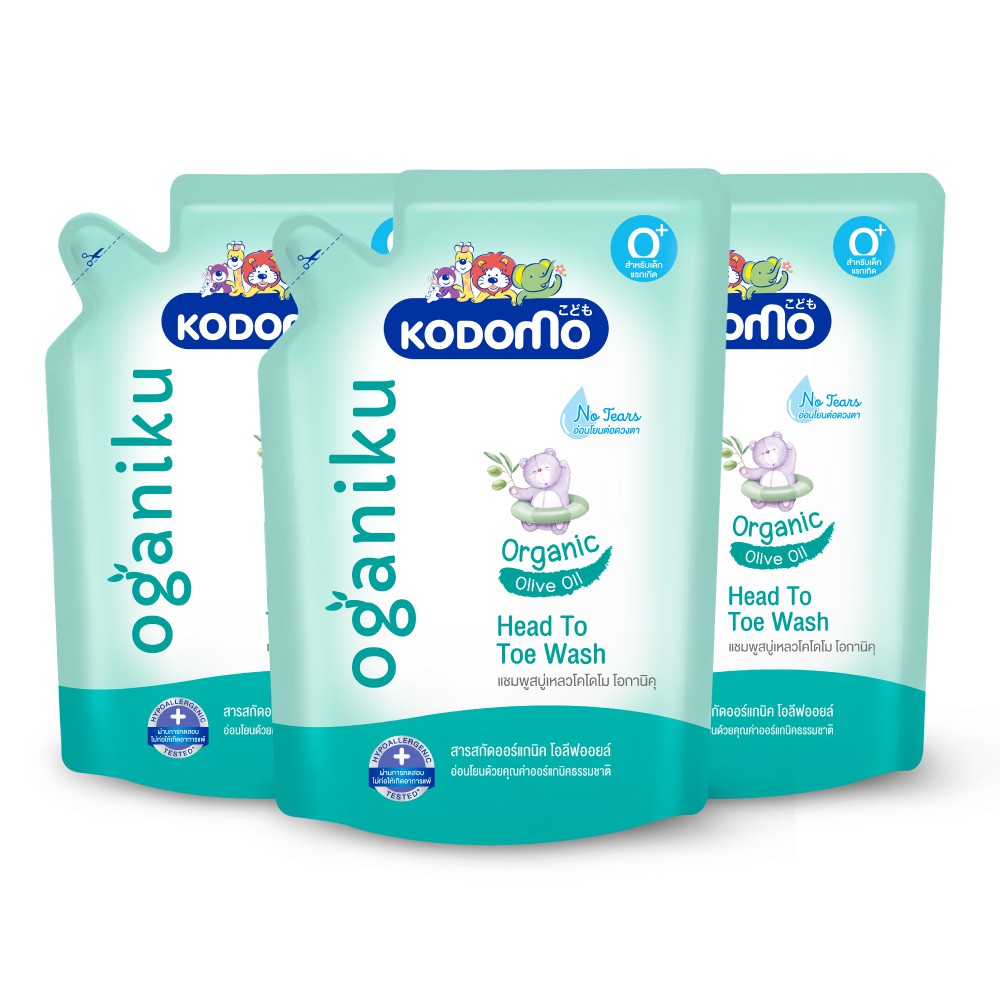 KODOMO Oganiku Head to Toe Wash แชมพูสบู่เหลว โคโดโม โอกานิคุ Organic Olive Oil 380 มล. 3 ถุง ...