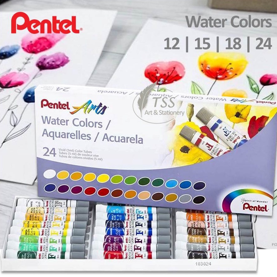 Pentel Watercolors 12 / 15 / 18 / 24 สี Set (5ml) warna air WFRS Pentel ...