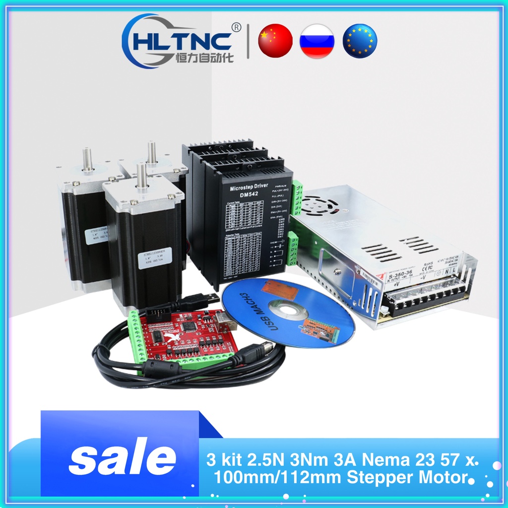 CNC 3 kit 2.5N 3Nm 3A Nema 23 57 x 100mm/112mm Stepper Motor TB6600 DM542 DM556 Driver + 350W ...