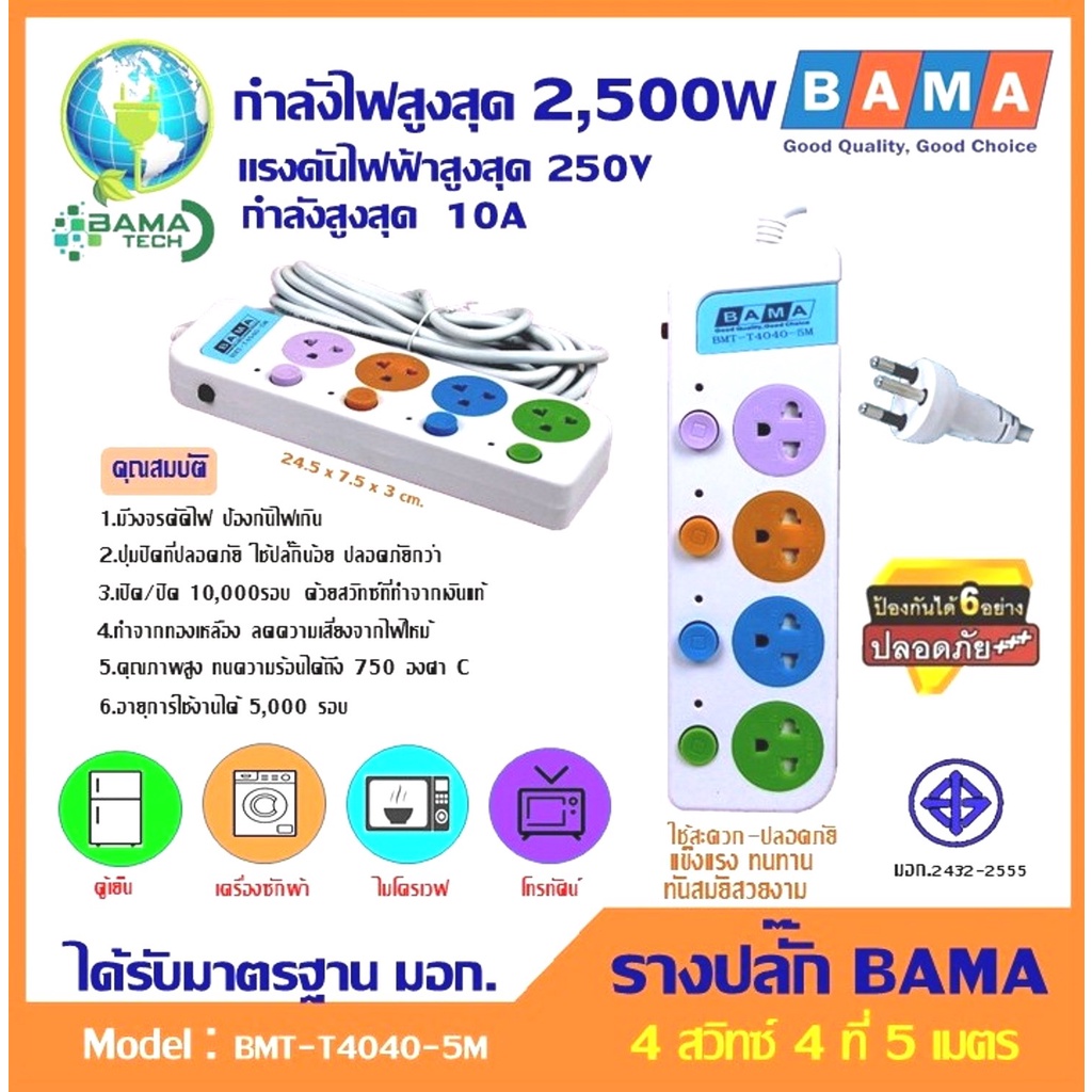 รางปลั๊กไฟ สวิตซ์เดียว สวิตซ์แยก สายไฟยาว 3 เมตร / 5 เมตร รางปลั๊กไฟ ...