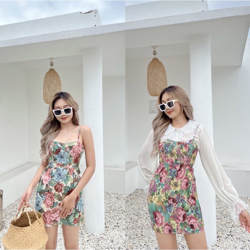 ซื้อ 1 แถม 1 TALI DRESS เดรสสายเดี่ยวผ้าทอ ปรับสายได้ หลังสม็อค #8970 ...