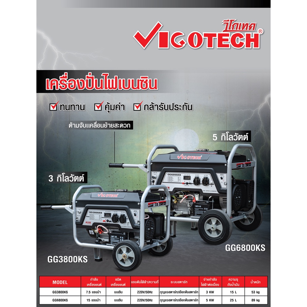 VIGOTECH เครื่องปั่นไฟเบนซิน 3,000 วัตต์ รุ่น GG3800KS-PREMIUM ปั่นไฟ เครื่องกำเนิดไฟ | Shopee ...