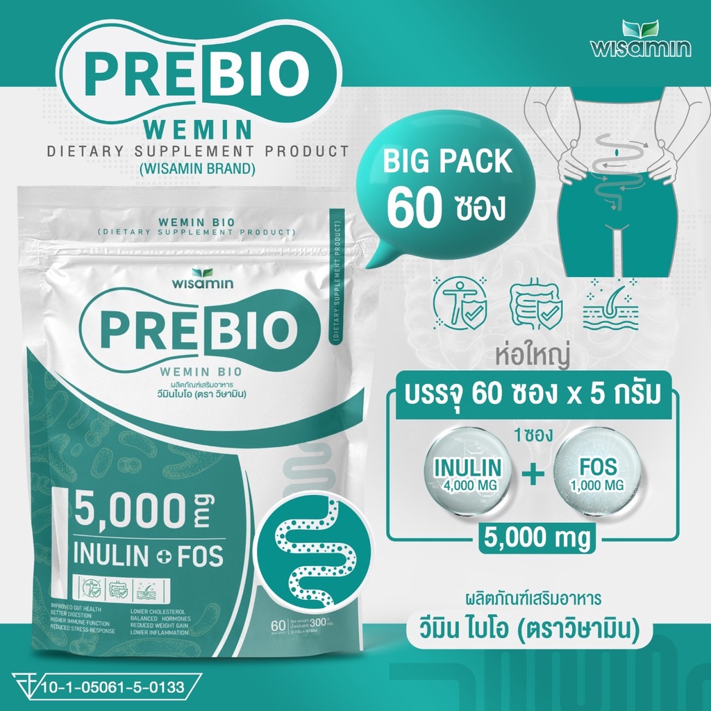 วีมิน ไบโอ WEMIN BIO (ตราวิษามิน) ผลิตภัณฑ์เสริมอาหาร PRE BIO พรีไบโอ ขนาด 1 ห่อใหญ่ ปริมาณ 60 ...
