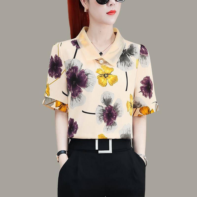 เสื้อเชิ้ตแขนสั้น ผ้าชีฟอง ลายดอกไม้ ทรงหลวม สไตล์เกาหลี แฟชั่นฤดูร้อน ...