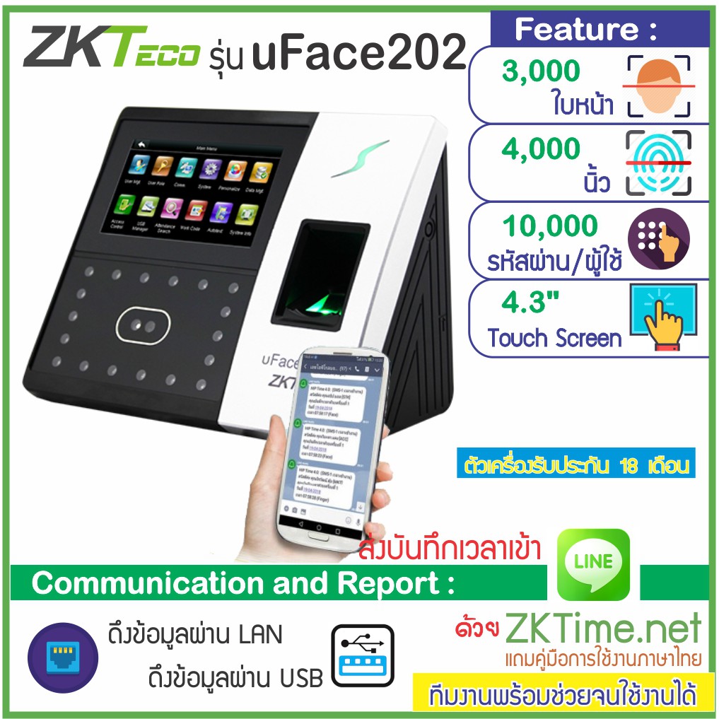 ZKTeoc uFace 202 เครื่องสแกนใบหน้าและลายนิ้วมือ เพื่อบันทึกเวลาทำงาน จอ ...
