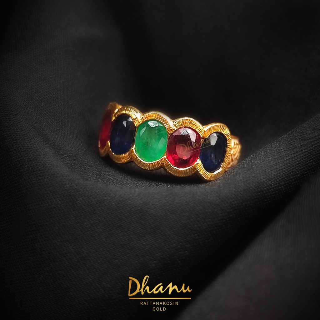 Dhanu แหวนแถวผกาลงยา แหวนพลอยแท้ เสริมมงคล ตัวเรือนเงินแท้ชุบทอง ลงยา ...