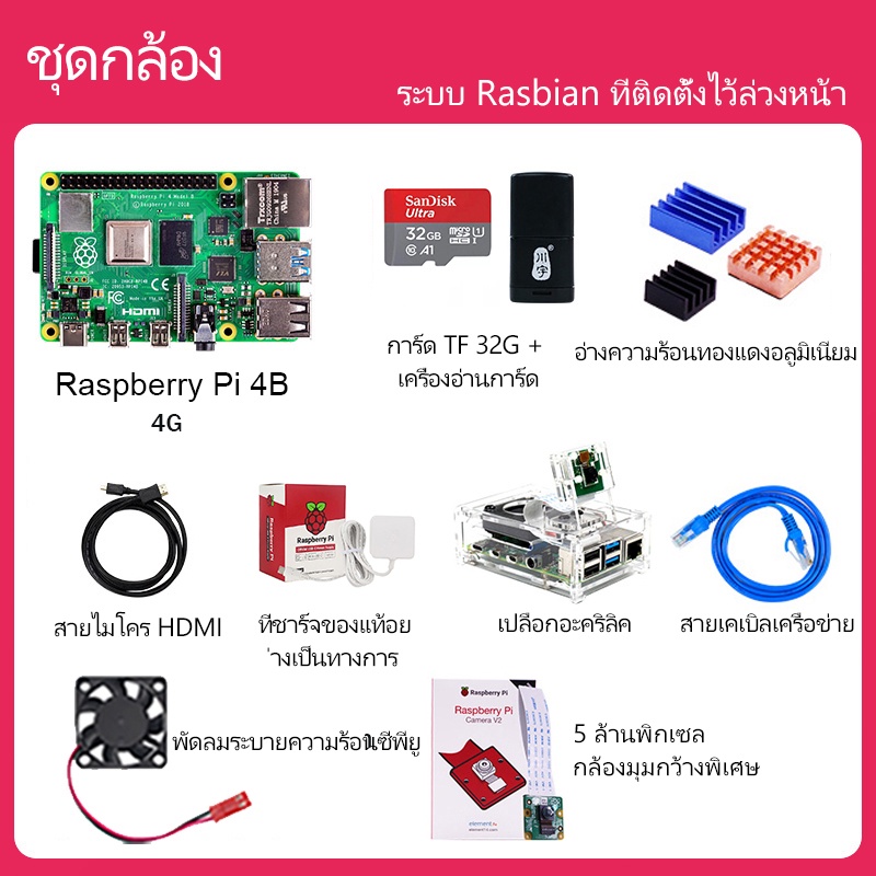 Offcial raspberry pi 4 model B 4GB Camera set Pre-installed rasbian system | Shopee Thailand