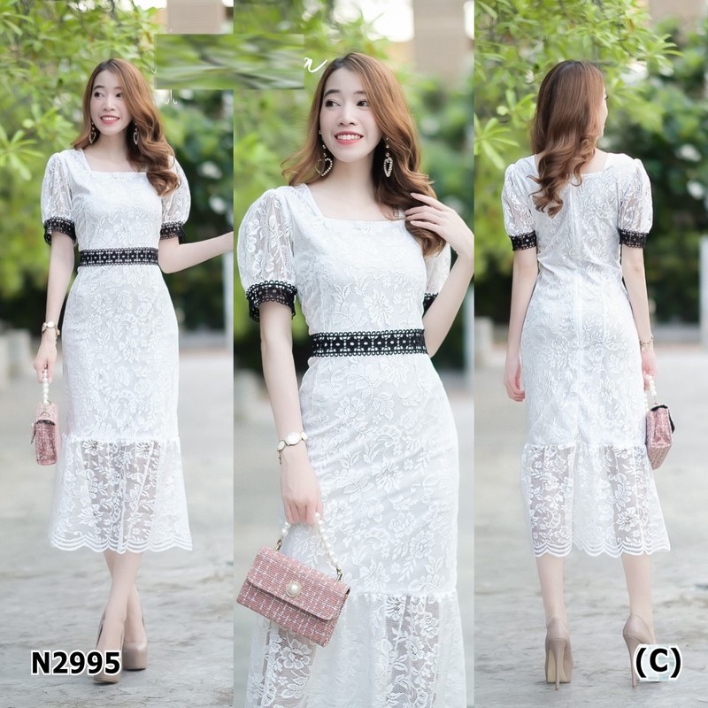 N2995เดรสลูกไม้คอเหลี่ยมแขนสั้น มีซับในชายระบาย | Shopee Thailand