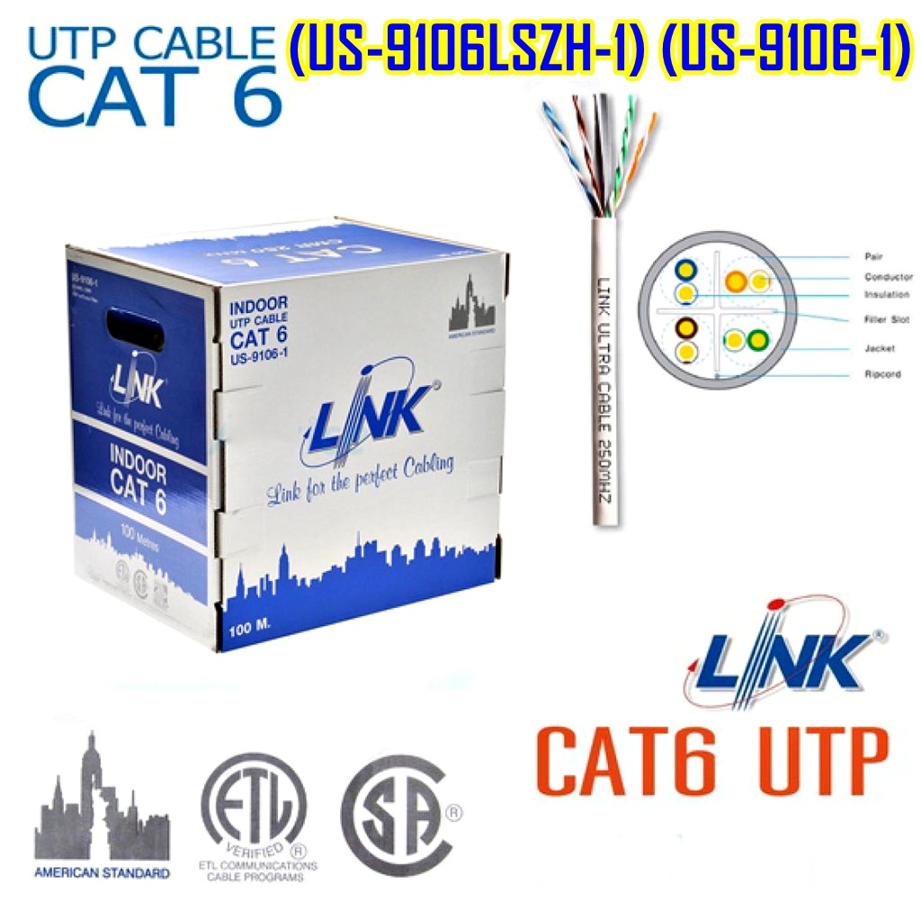 ของแท้ สายแลน LINK (US-9106LSZH-1) (US-9106-1) CAT6 UTP Cable (100m/Box) Original สำหรับภายใน ...