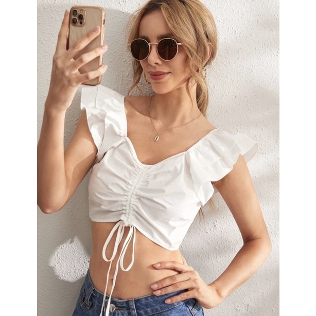 เสื้อครอป แต่งระบายสีขาว Shein XS | Shopee Thailand