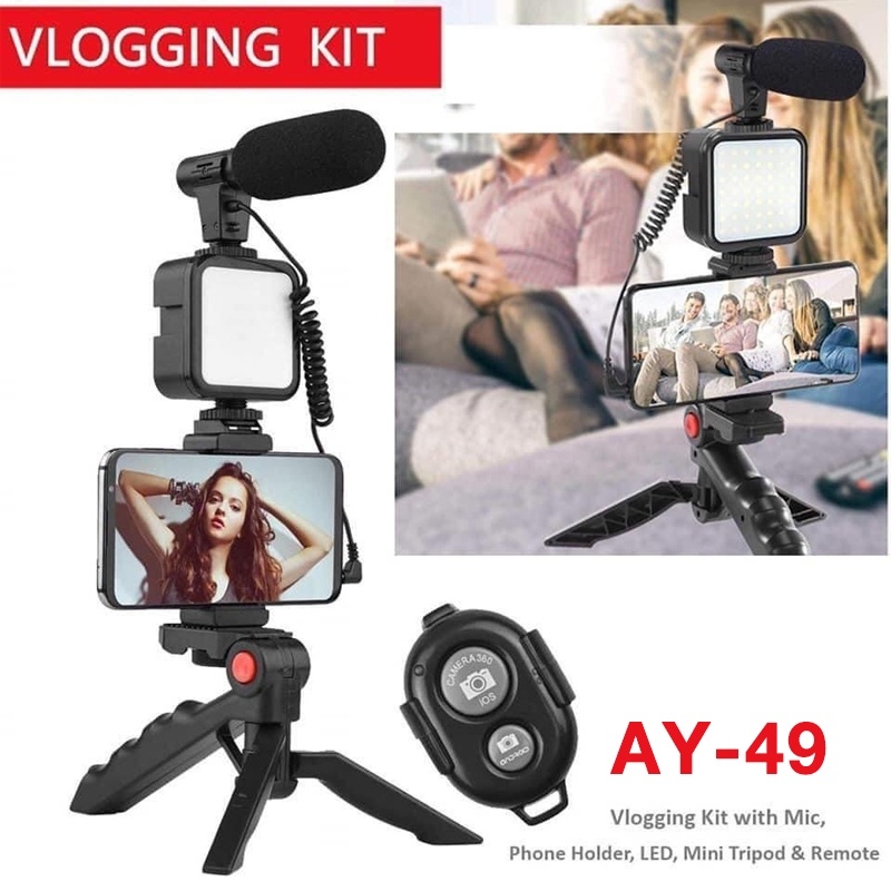 Video making kit AY-49 ถ่ายวีดีโอ ขาตั้ง ที่จับสมาร์ทโฟน ไมโครโฟน ไฟ LED | Shopee Thailand