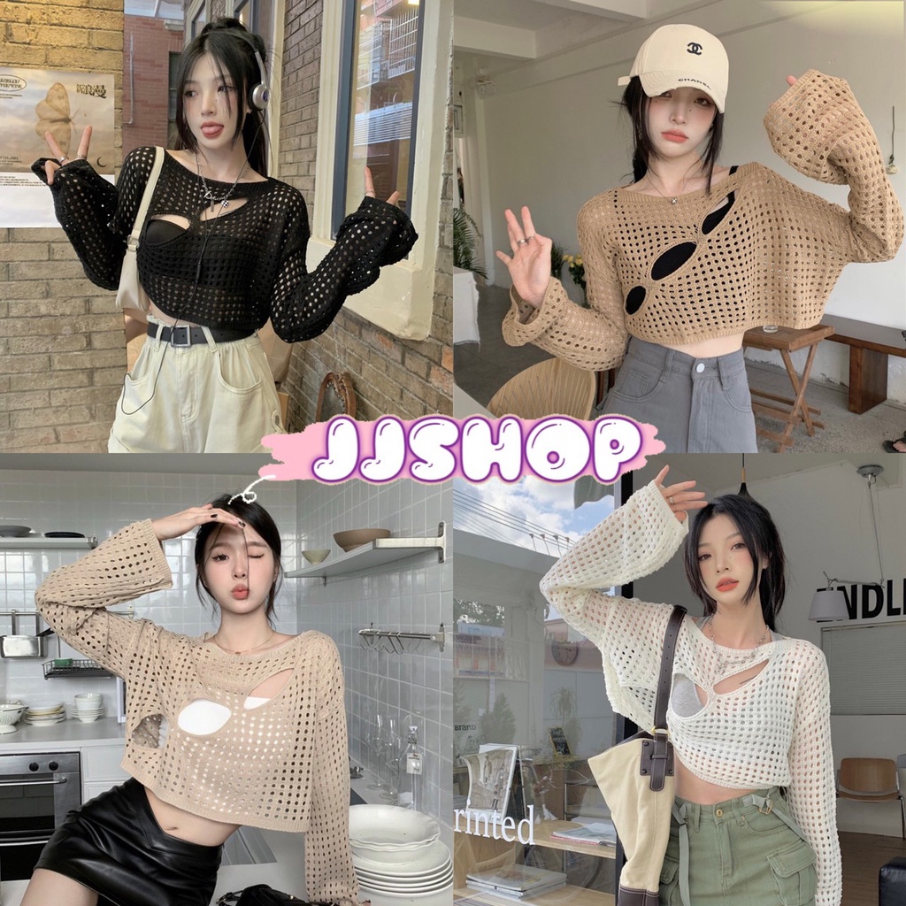 JJ shop 💜พร้อมส่ง เสื้อครอปแขนยซีทรู ตาข่ายดีเทลเจาะรูหน้าอกเพิ่มความเซ็กซี่ "6Y008/E249" -C ...