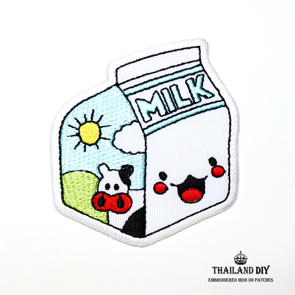 ตัวรีดติดเสื้อ ลาย นม นมกล่อง การ์ตูน นมวัว Milk Box Patch งานปัก DIY wop ตัวรีด อาร์ม ติดเสื้อ ...