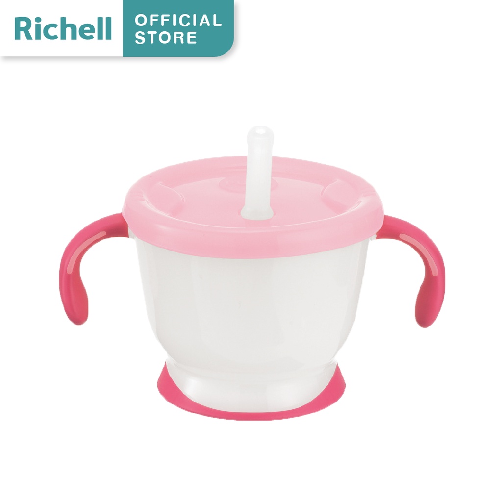 Richell (ริเชล) ถ้วยฝึกดูดสีใหม่!! มีปุ่มกดน้ำ สำหรับเด็กฝึกใช้หลอด หลอดกันสำลัก รุ่น AQ 150มล. ...