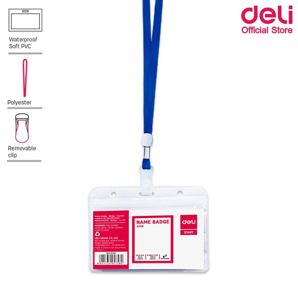 Deli 5758+5764 ซองใส่บัตรแนวนอนแบบกันน้ำ PVC พร้อมสายคล้องแบบผ้าอย่างดี ...