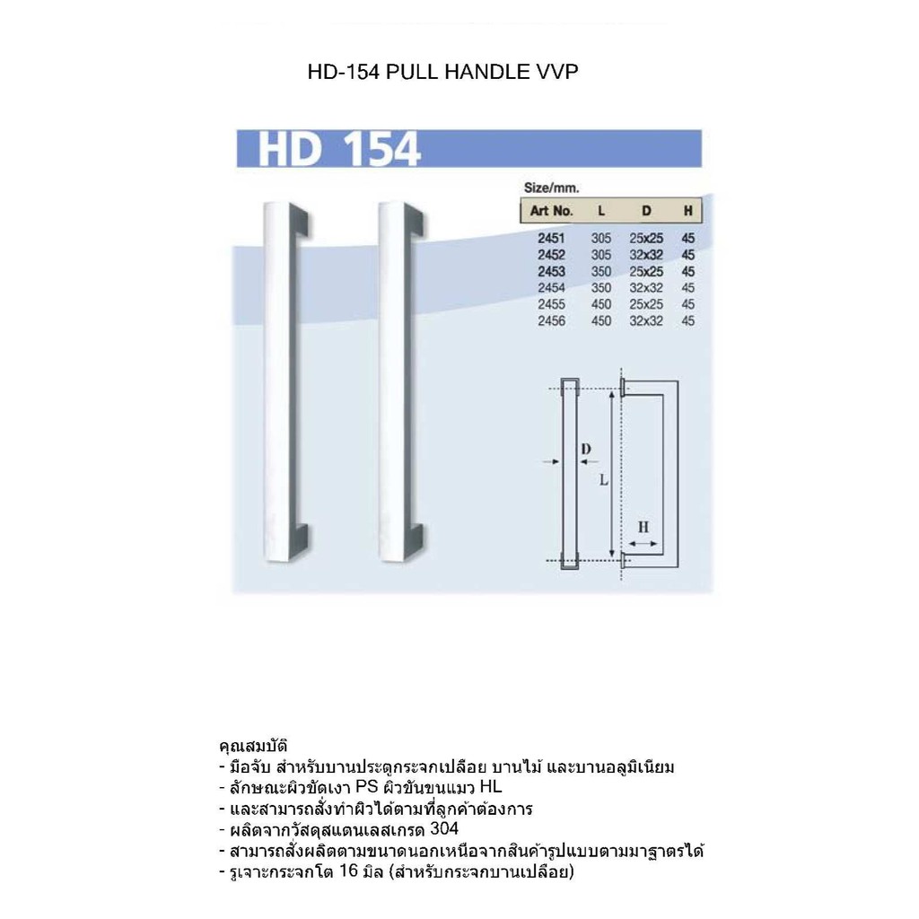 VVP มือจับ รุ่น HD154 ทรงเหลี่ยม,กระจก,อลูมิเนียม,บานไม้ สีสแตนเลสด้าน ...
