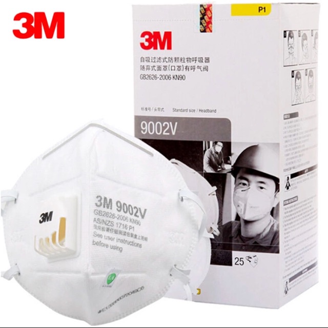 3M 9002V หน้ากากป้องกันฝุ่น ละออง แบบพับได้พร้อมวาล์วระบายอากาศ สายคาดศีรษะ, P1, 25 ชิ้น/กล่อง ...