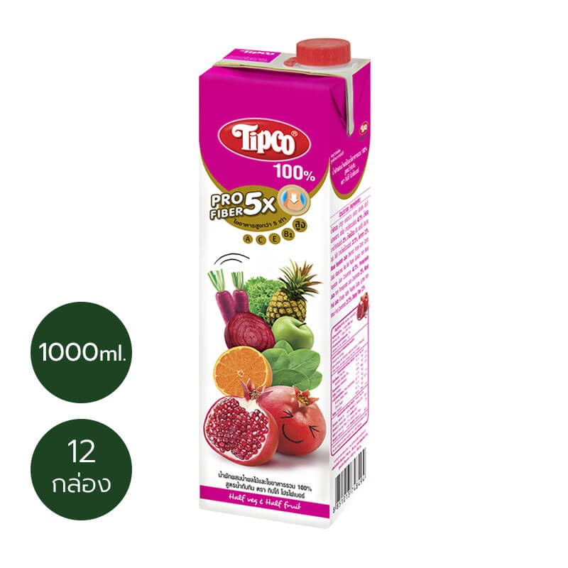 TIPCO Profiber น้ำผักผสมน้ำผลไม้ สูตรน้ำทับทิม Mixed Veggie & Pomegranate 100% ขนาด 1,000 มล. x ...
