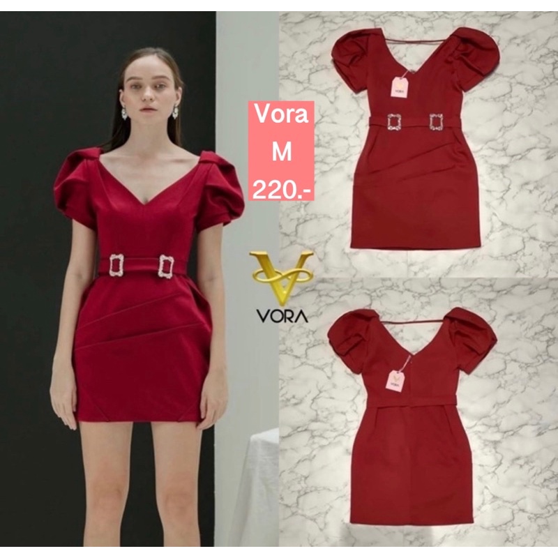 🔥 sale🔥 เดรสแขนพองเข็มขัดแดงป้าย vora🔥 | Shopee Thailand