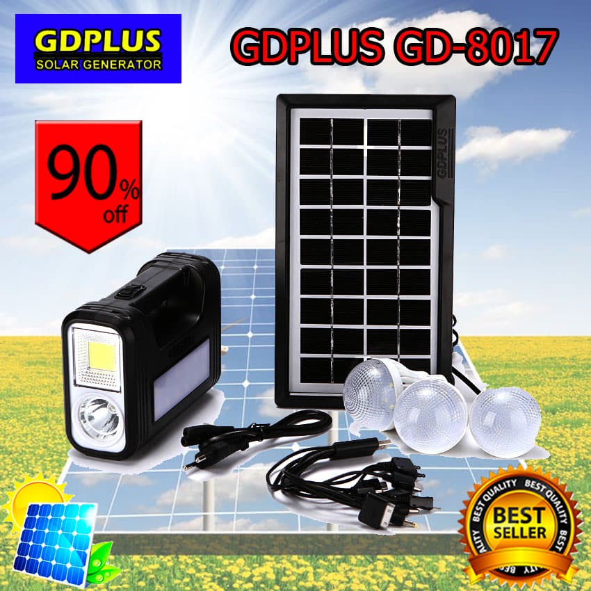 GDPLUS GD-8017 เครื่องเก็บสำรองไฟ โซล่าเซล ครบชุดใหญ่+แผงโซล่าเซลและหลอดไฟ 3 หลอด พร้อมใช้งาน 8 ...