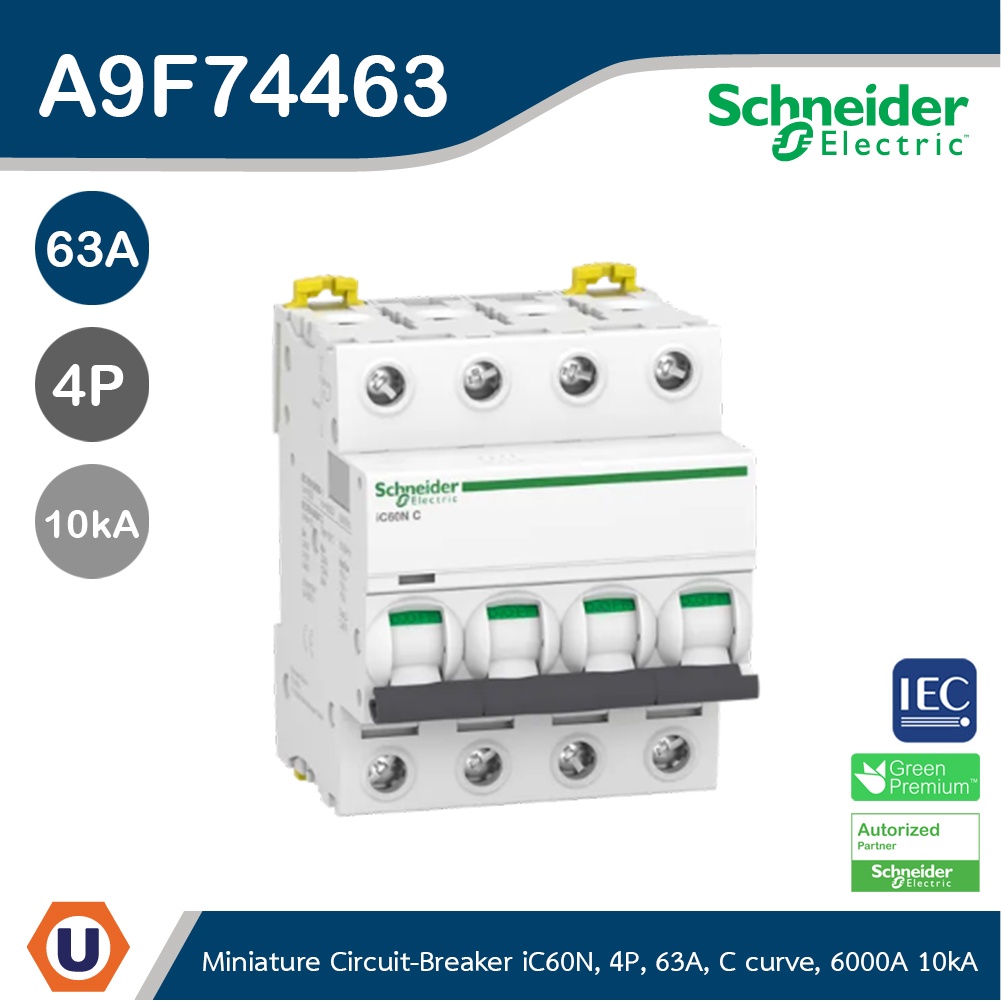 Schneider A9F74463 Miniature Circuit-Breaker, Acti9 iC60N, 4P, 63 A, C Curve, 6000 A (IEC 60898 ...