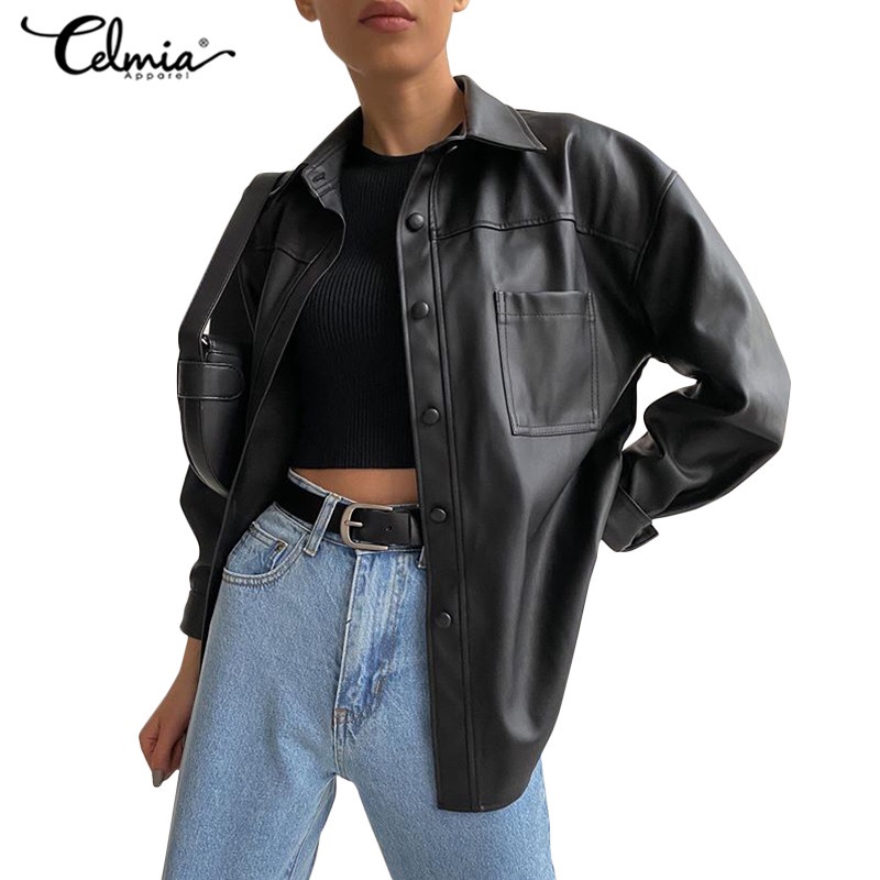 Celmia เสื้อเบลเซอร์ลําลอง แขนยาว หนัง Pu ติดกระดุม สําหรับผู้หญิง