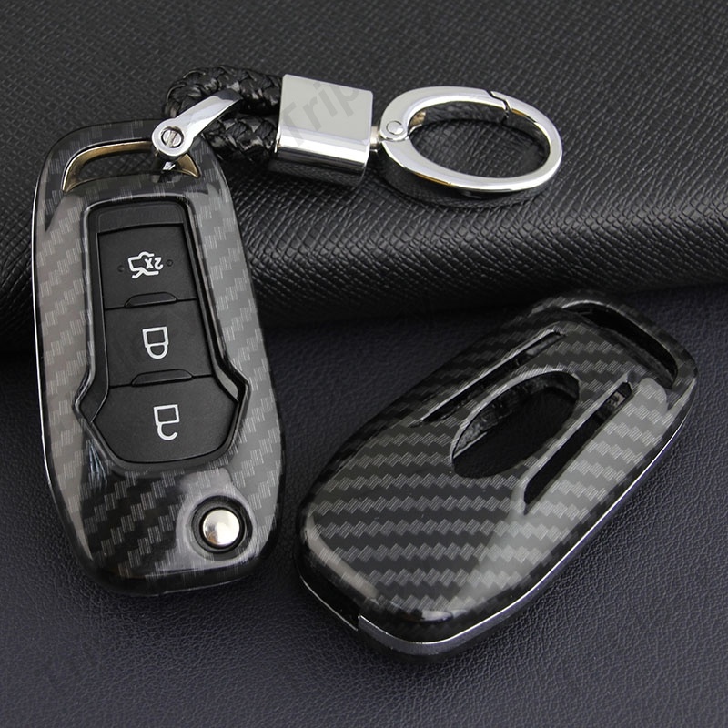 คาร์บอนไฟเบอร์ Flip Key Fob กรณี Hard Shell Chain พวงกุญแจสําหรับ Ford ...