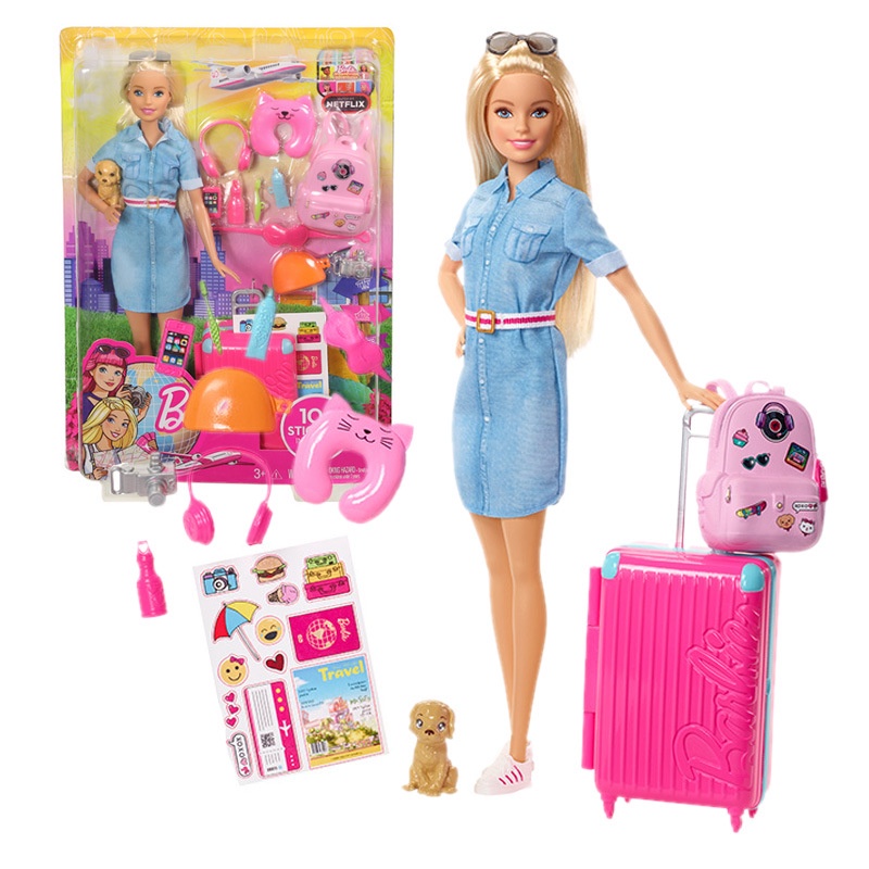 Barbie Doll and Travel Set with Puppy Luggage & 10+ Accessories FWV25 ...