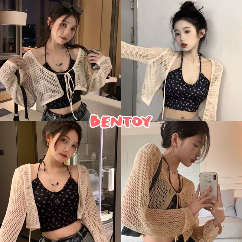 Bentoy(85108+3186)set2ชิ้น ชุดเซ็ต เสื้อคลุมแขนยาวตาข่าย+เสื้อสายเดี่ยวสายผูกคอลายดอกเล็กๆ ...