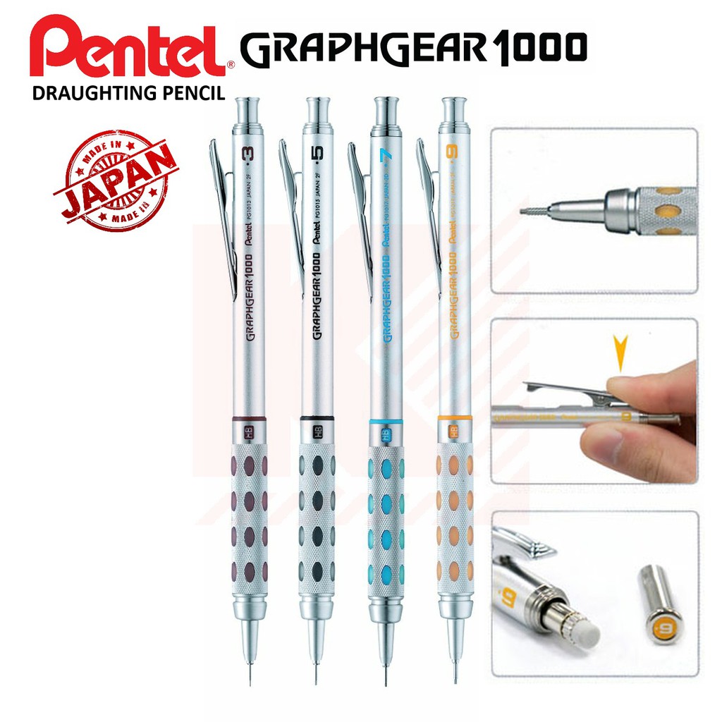 ดินสอกด Pentel Graphgear 1000 ขนาด 0.3, 0.5, 0.7 และ 0.9 ด้ามสีเงิน ...