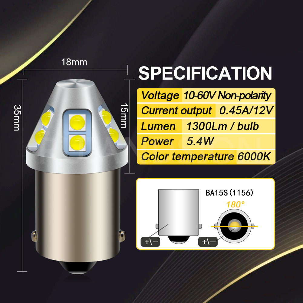 Ruiandsion หลอดไฟเลี้ยว LED 6-30V 10-60V 1156 BA15S BA15D BAU15S สีขาว สีเหลืองอําพัน สีแดง 2 ...