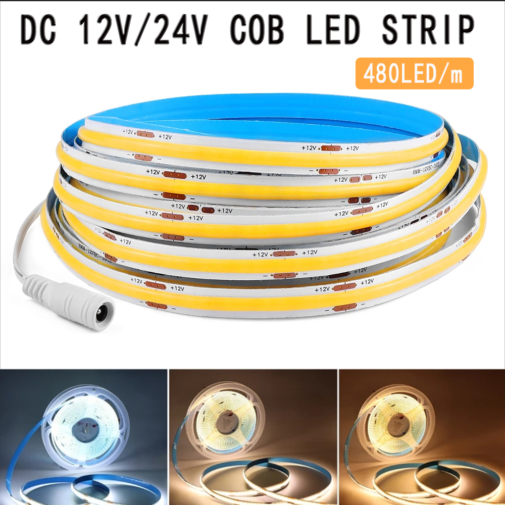 Cob แถบไฟ LED 12V 24V 5M 4M 3M 2M 1M 480LEDs/M ความหนาแน่นสูง ยืดหยุ่น ...