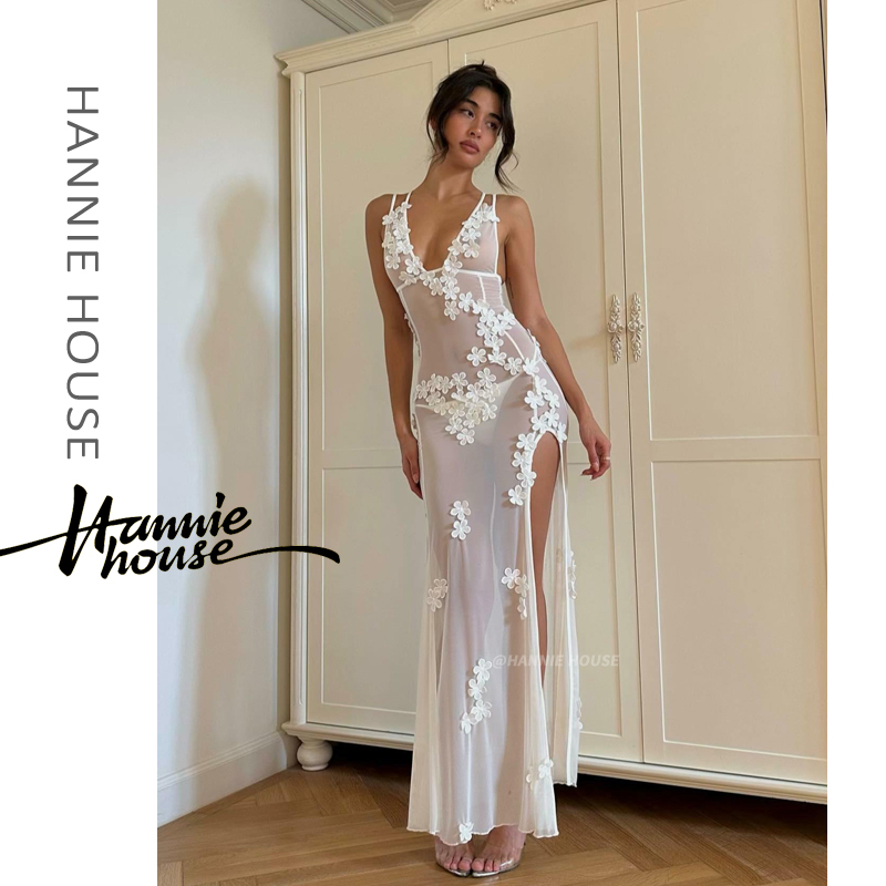 Hannie- ชุดเดรสแขนกุด คอวี ผ้าตาข่าย ลายดอกไม้ ผ่าข้าง แฟชั่นฤดูร้อน ...