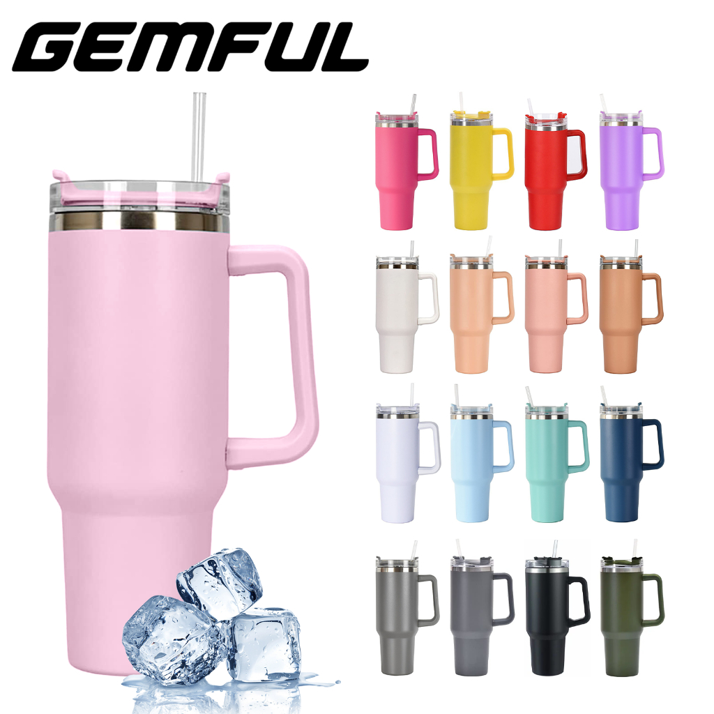 Gemful แก้วมักสุญญากาศสเตนเลส มีหูหิ้ว 40 ออนซ์ พร้อมหลอดดูด สองชั้น ...