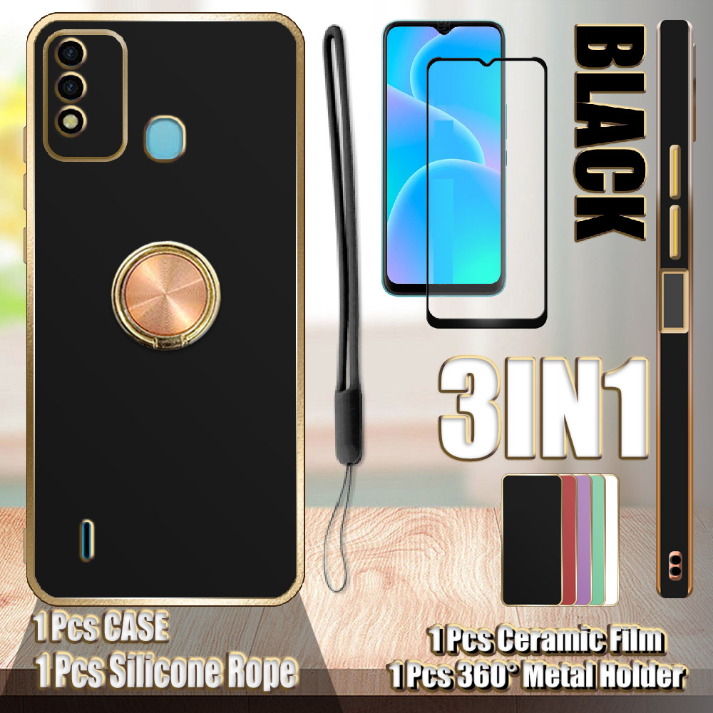 3 In 1 เคสชุบไฟฟ้า ขอบตรง พร้อมตัวป้องกันหน้าจอเซรามิก และ 360 สําหรับ Itel P37 Itel Vision 2S ...