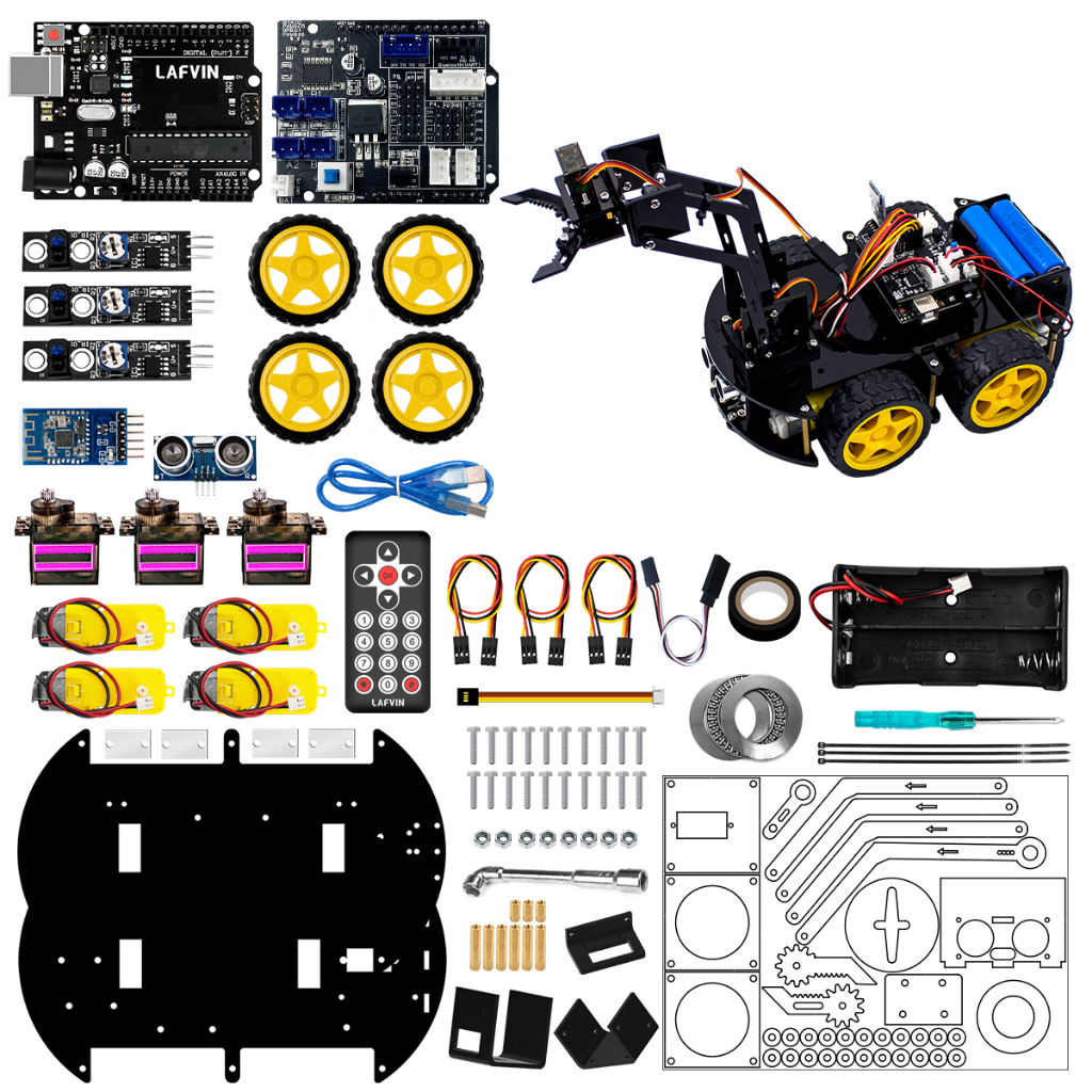 LAFVIN 2-in-1 รถยนต์หุ่นยนต์ 4WD + แขนกล ชุดเรียนรู้ Arduino UNO R3 รองรับ Bluetooth | Shopee ...
