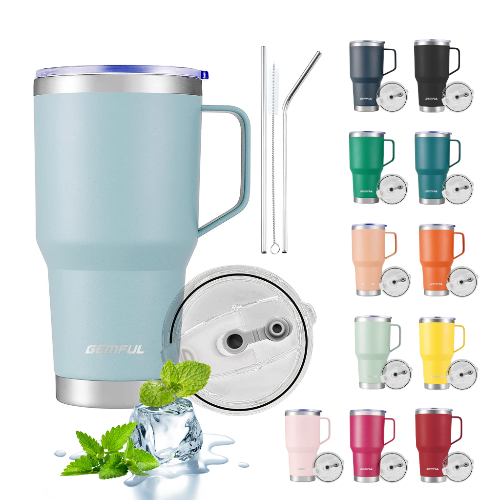 GEMFUL 800ml แก้วกาแฟหุ้มฉนวนพร้อมที่จับและฟางถ้วยแบบพกพา Tumbler ...