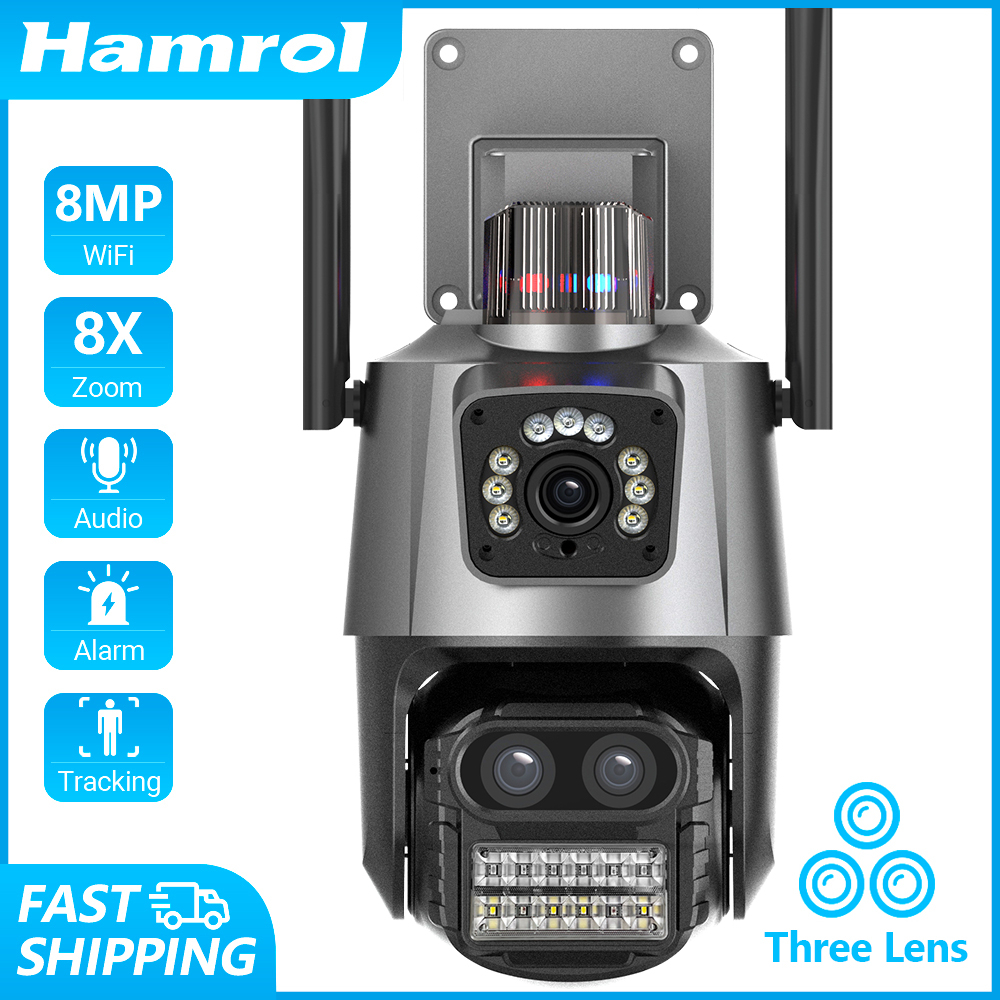 Hamrol 4K Three Lens Dual Screen 8X Zoom PTZ Wireless Camera Outdoor ...