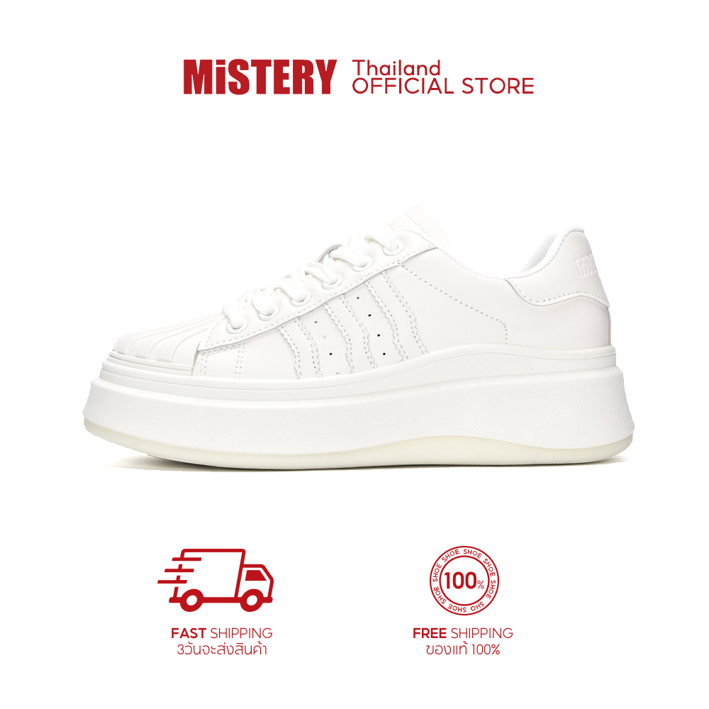 MISTERY รองเท้าผ้าใบส้นสูง หนังพียู แบบสวม รุ่น SHELL 2 สีขาว (MIS-1183 ...