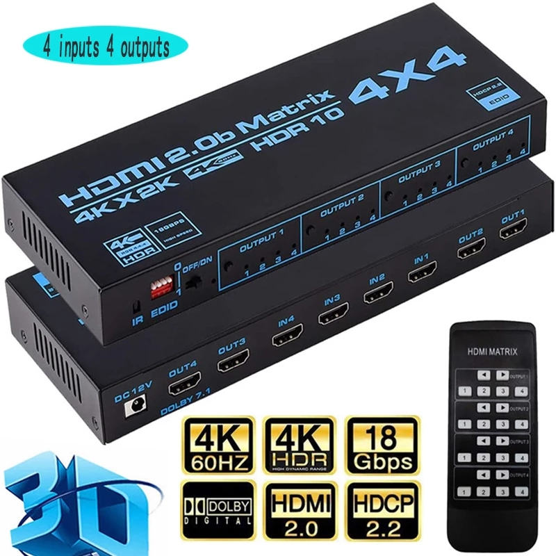 สวิตช์เมทริกซ์ HDMI 4x4, 4K HDMI Matrix Switcher Splitter 4 In 4 Out ...