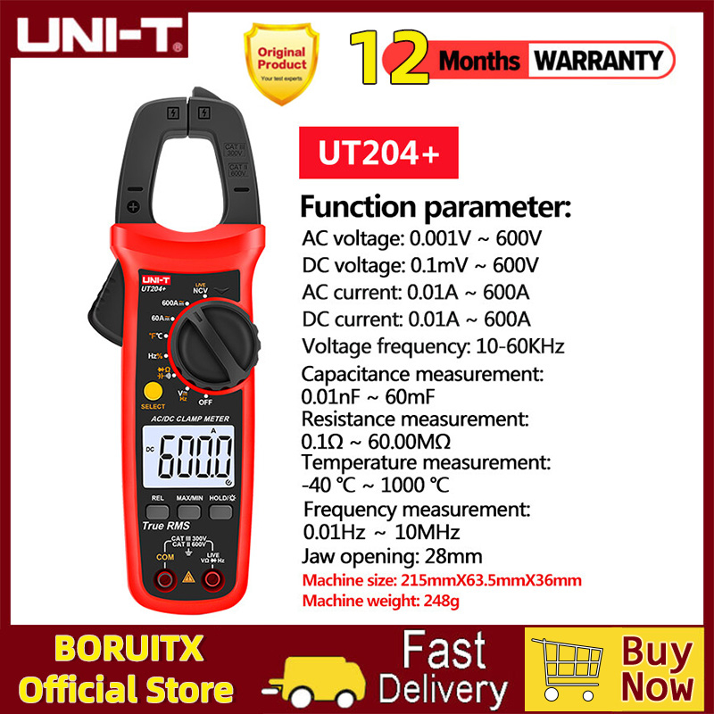 UNI-T UT204+ คลิปแอมป์ แคล้มป์มิเตอร์ดิจิตอล AC/DC 600A 600V รุ่น 204 ...